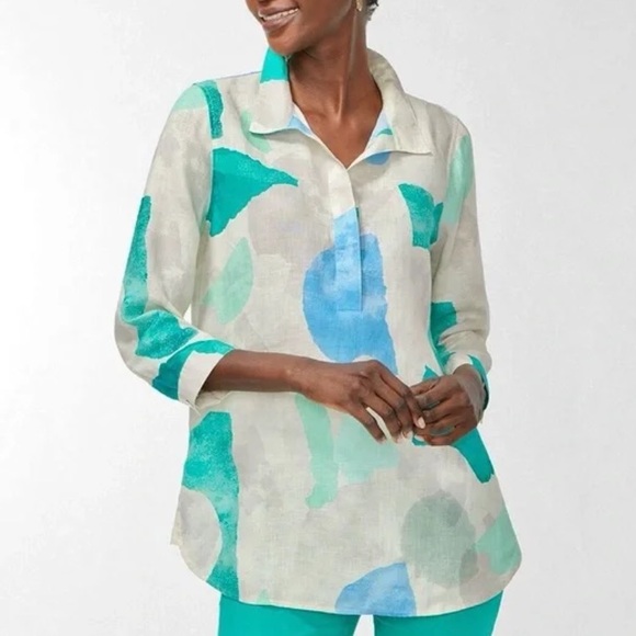 Chico's | Tops | Chicos 36 Abstract Print 34 Sleeves No Iron Linen ...